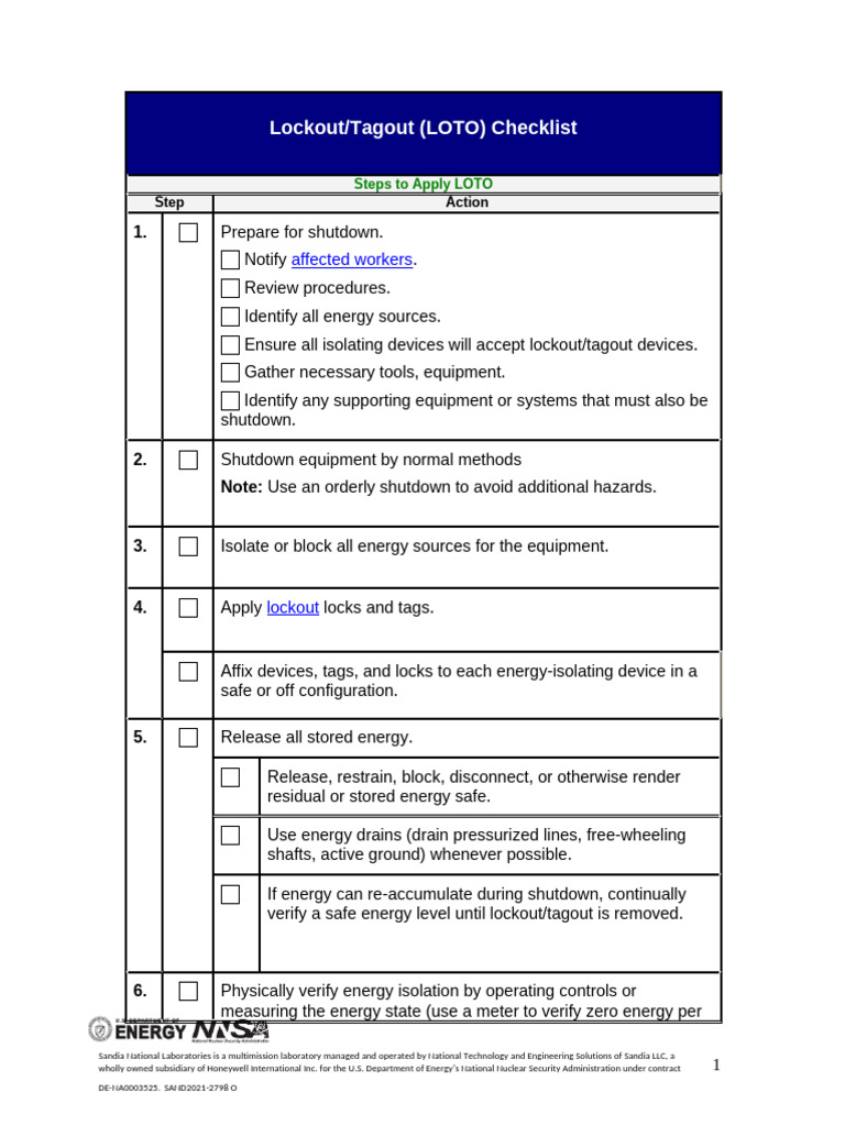 Sand2021 2798 o Loto Checklist | PDF | Safety | Occupational Safety And ...