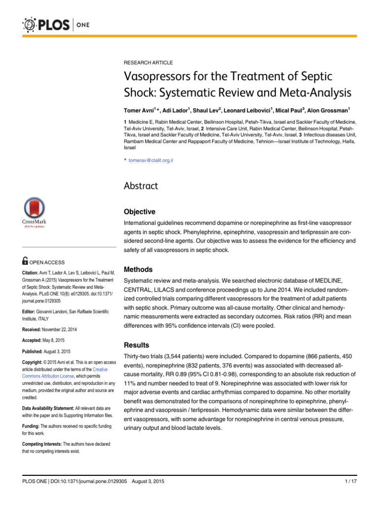 Vasopressors For The Treatment of Septic Shock Sys | PDF | Sepsis ...
