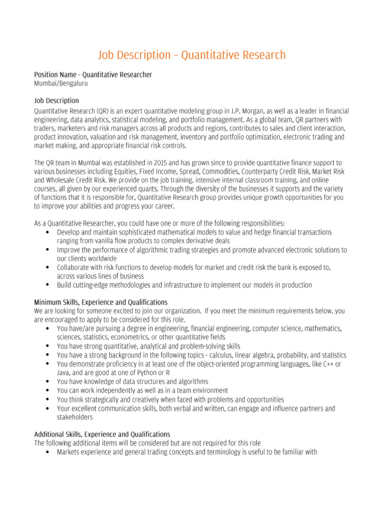 QR Internship JD 2023 | PDF