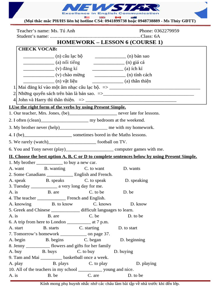 Lesson 6 - 6A-CS4. BTVN | PDF