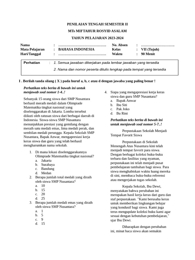 Soal PTS B Indo SMT 2 Kelas 7 Edit | PDF