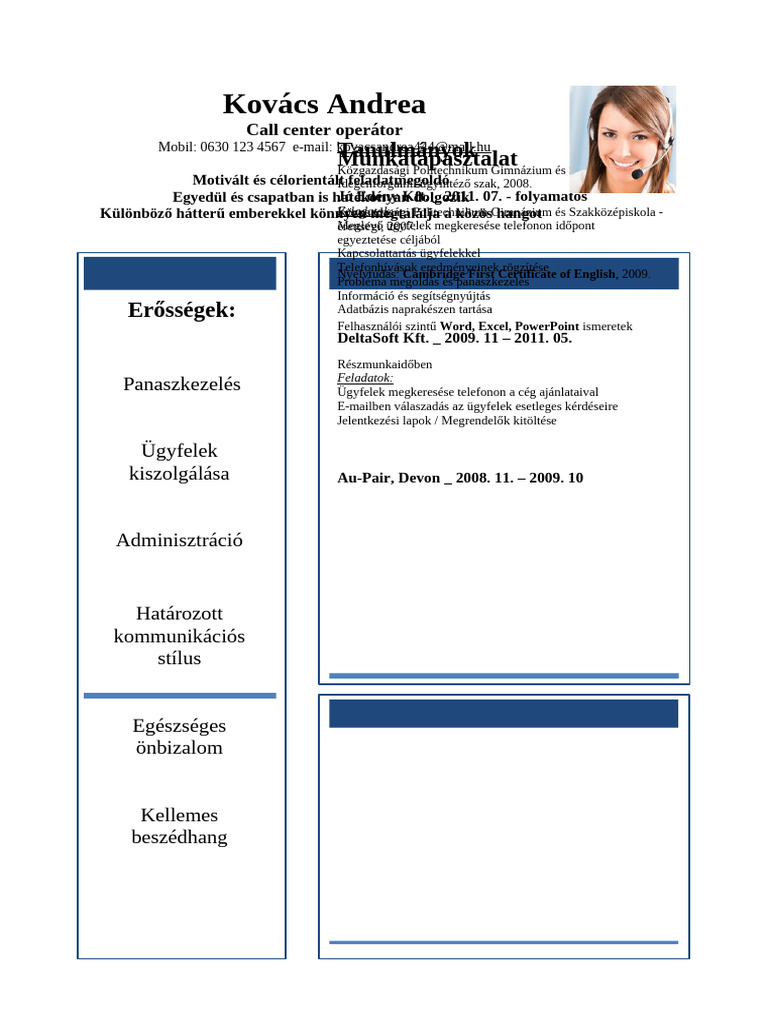 Gyakorlattal Call Centeres CV | PDF
