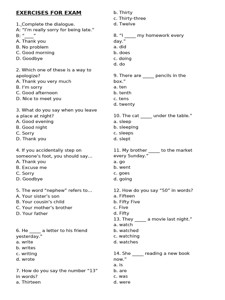 EXERCISES FOR EXAM | PDF