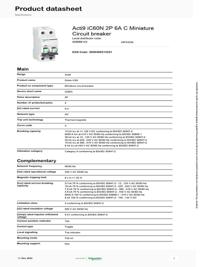 Schneider Electric Miniature Circuit Breaker Acti9 IC60 A9F44206 | PDF ...