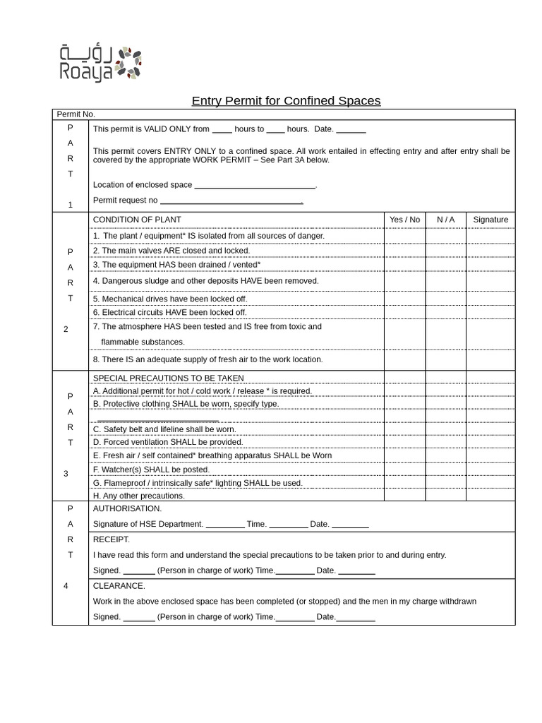 Entry Permit For Confined Spaces | PDF