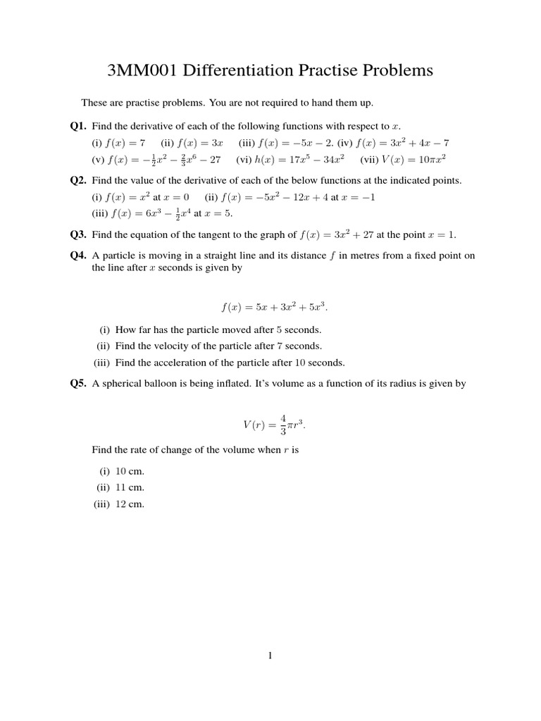 Differentiation Practise Problems | PDF