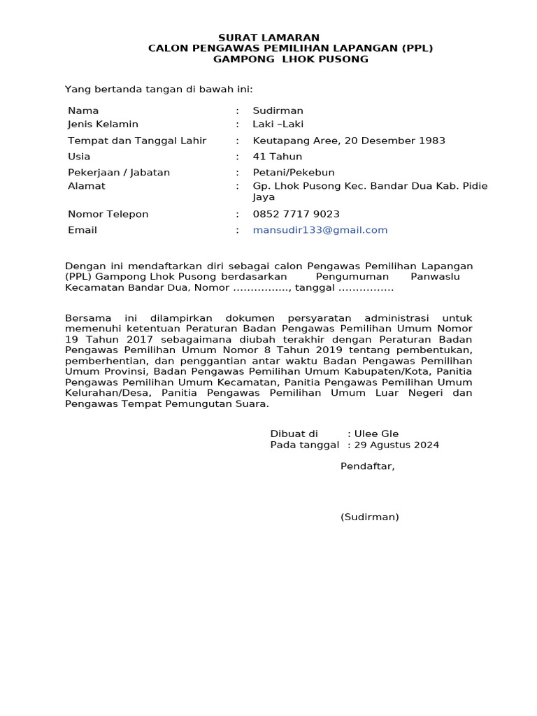 Surat Lamaran Bawaslu 2024 | PDF