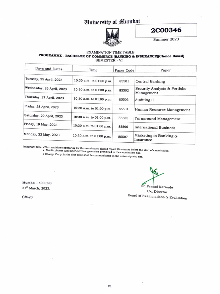Tybbi Sem Vi Exam Time Table 2023 | PDF
