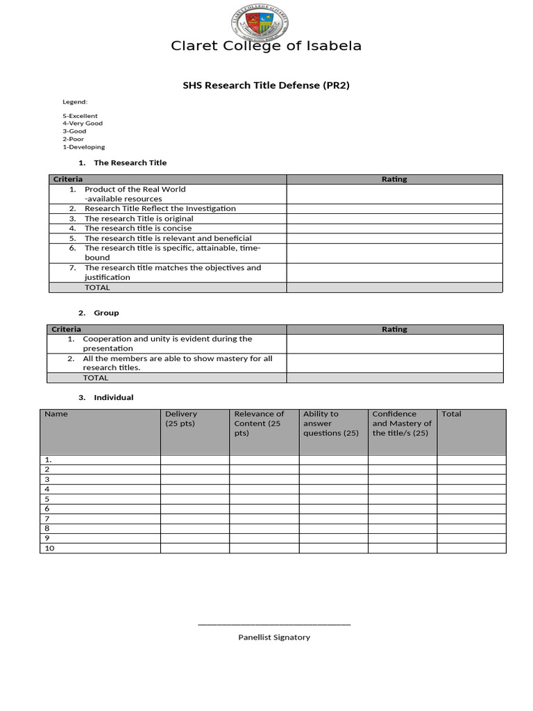 SHS Research Title Defense Criteria | PDF
