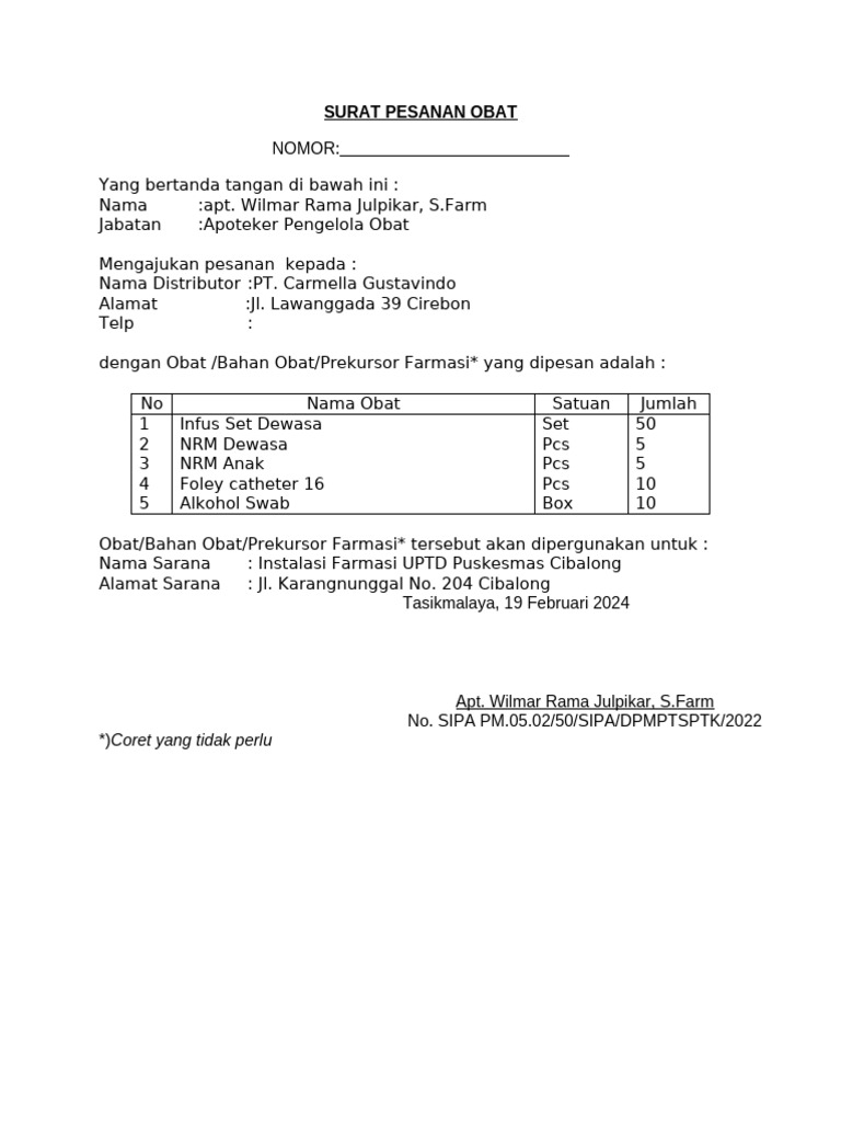 Surat Pesanan Obat PT Adi Agripana | PDF