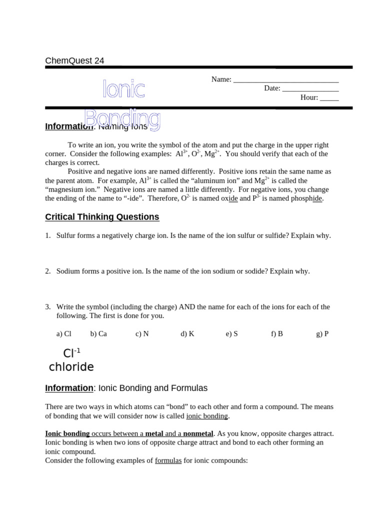 ChemQuest 24 | PDF | Ion | Ionic Bonding