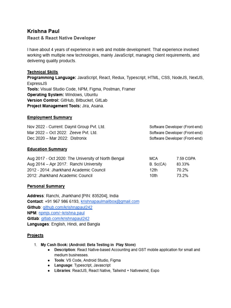 Krishna Paul - Detailed CV | PDF | Mobile App | Android (Operating System)