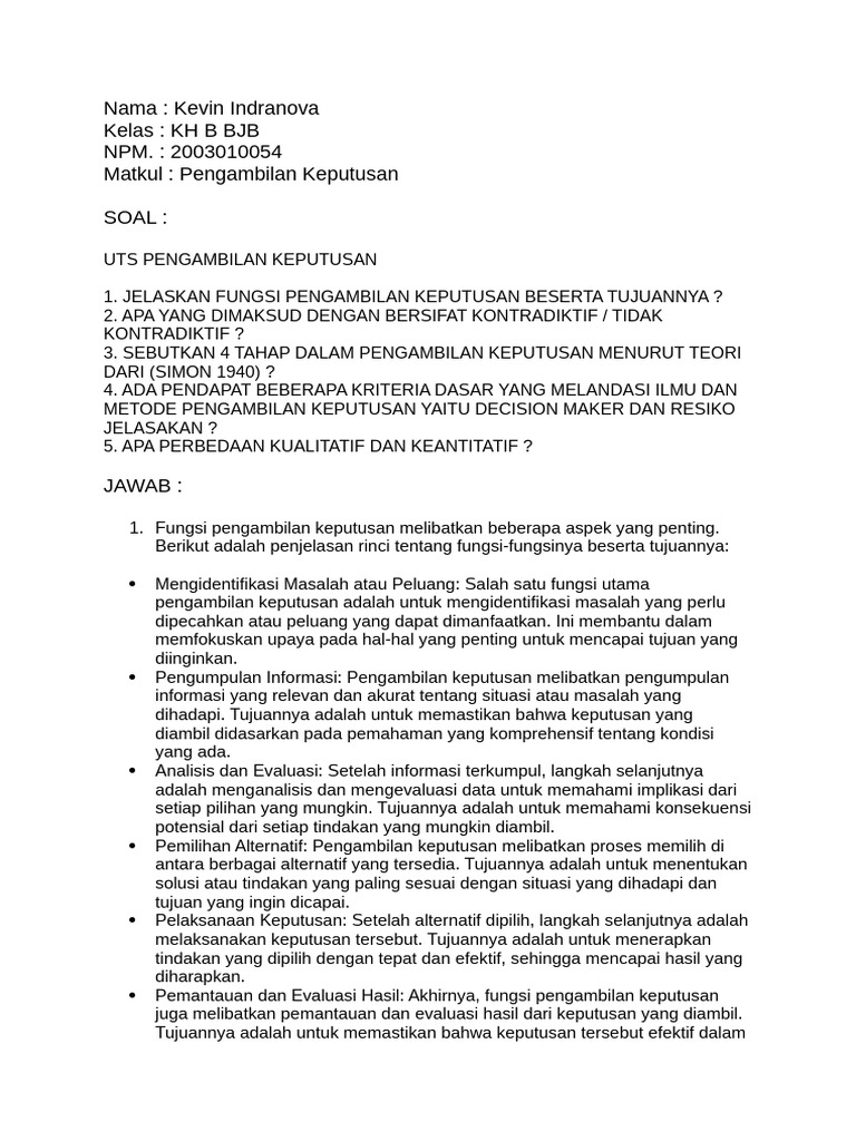 Uts s8 Pengambilan Keputusan (Kevin) | PDF