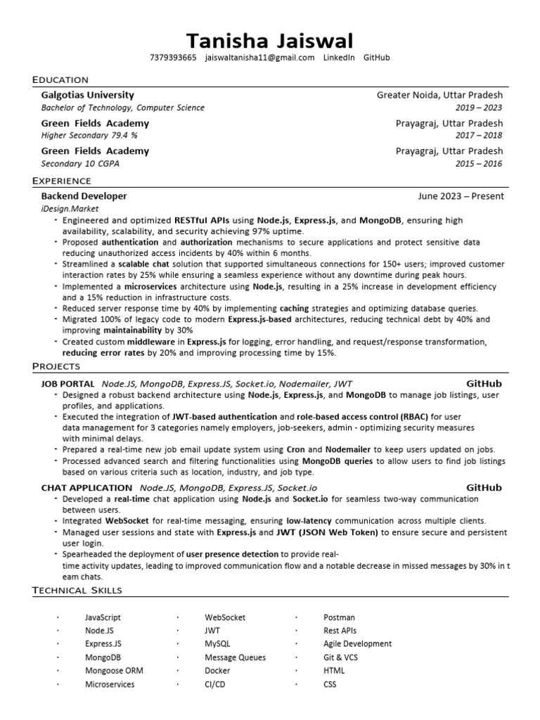 Tanisha Jaiswal Resume | PDF | Scalability | Information Technology Tanisha Jaiswal Resume | PDF | Scalability | Information Technology