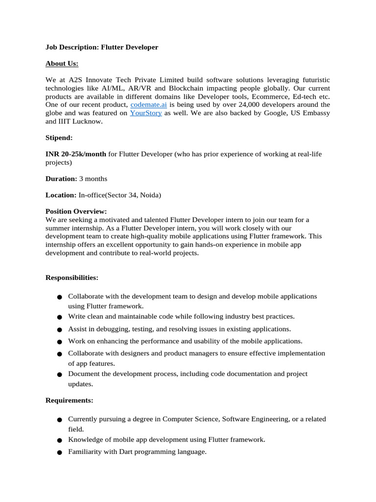 Job Description - Flutter Developer | PDF | Computer Programming | Barcode