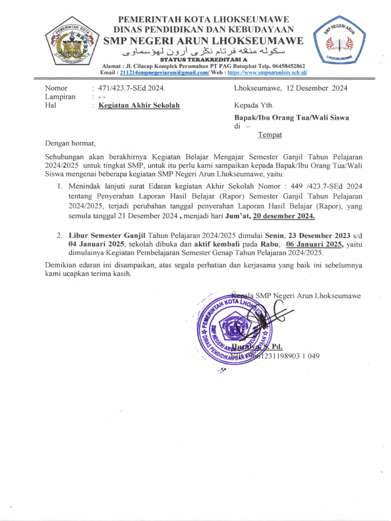 Surat Edaran Kegiatan Akhir Sekolah | PDF