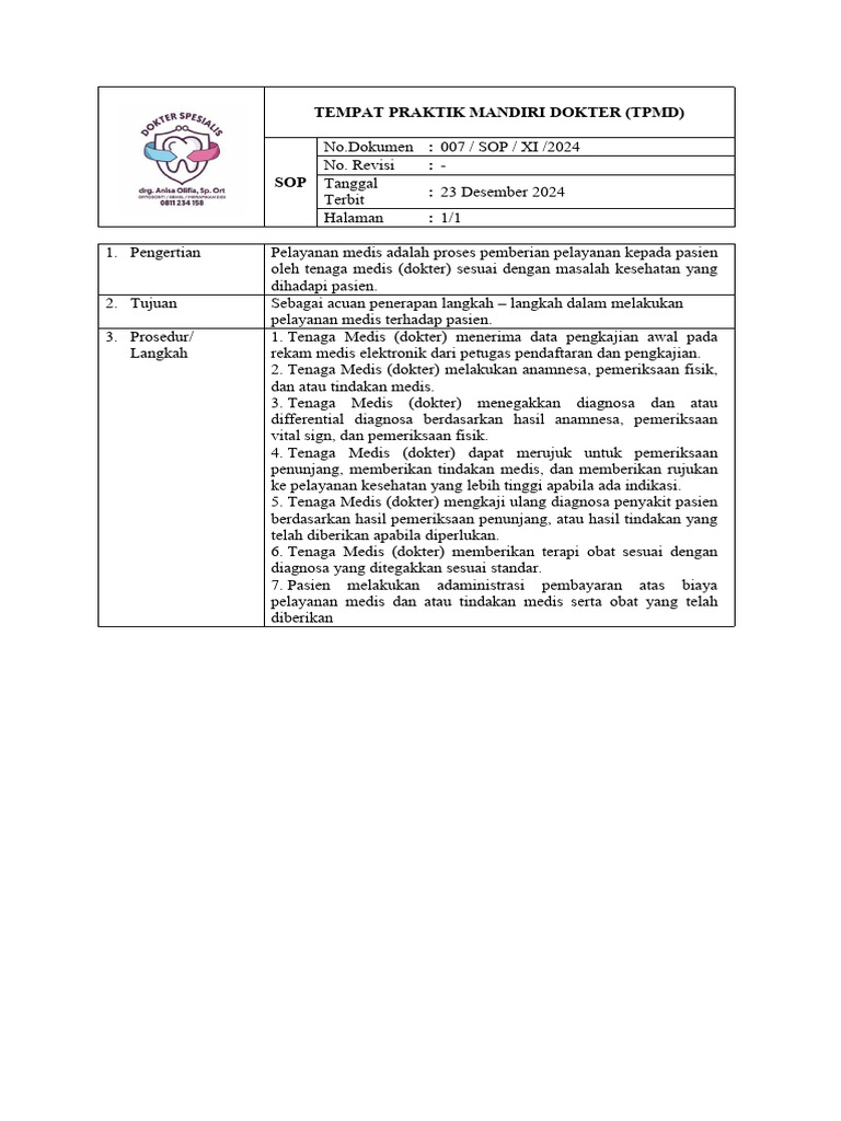 Prosedur Pelayanan Medis di TPMD | PDF