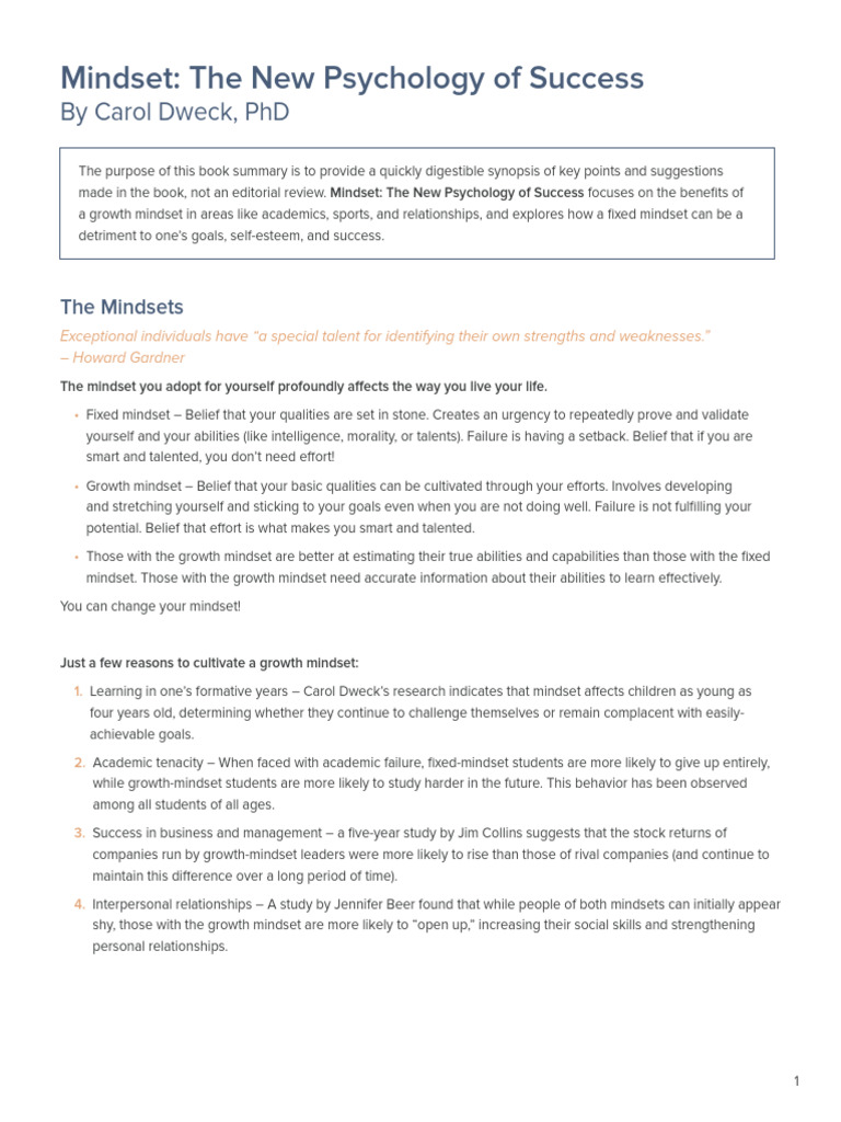 Growth vs. Fixed Mindset Summary | PDF | Mindset | Behavioural Sciences