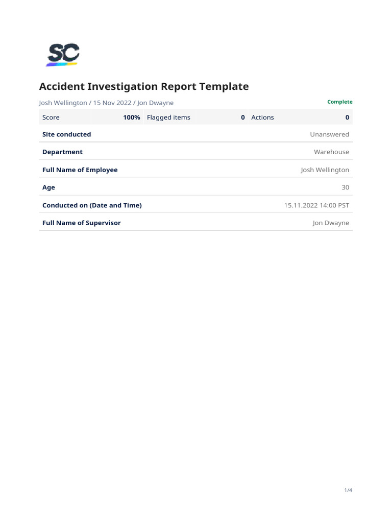 Sample Accident Investigation Report SafetyCulture | PDF