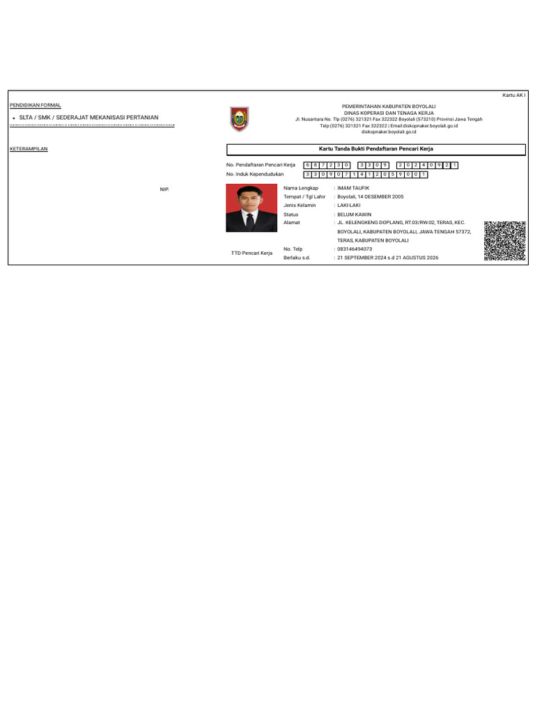 Kartu Tanda Bukti Pendaftaran Pencari Kerja | PDF