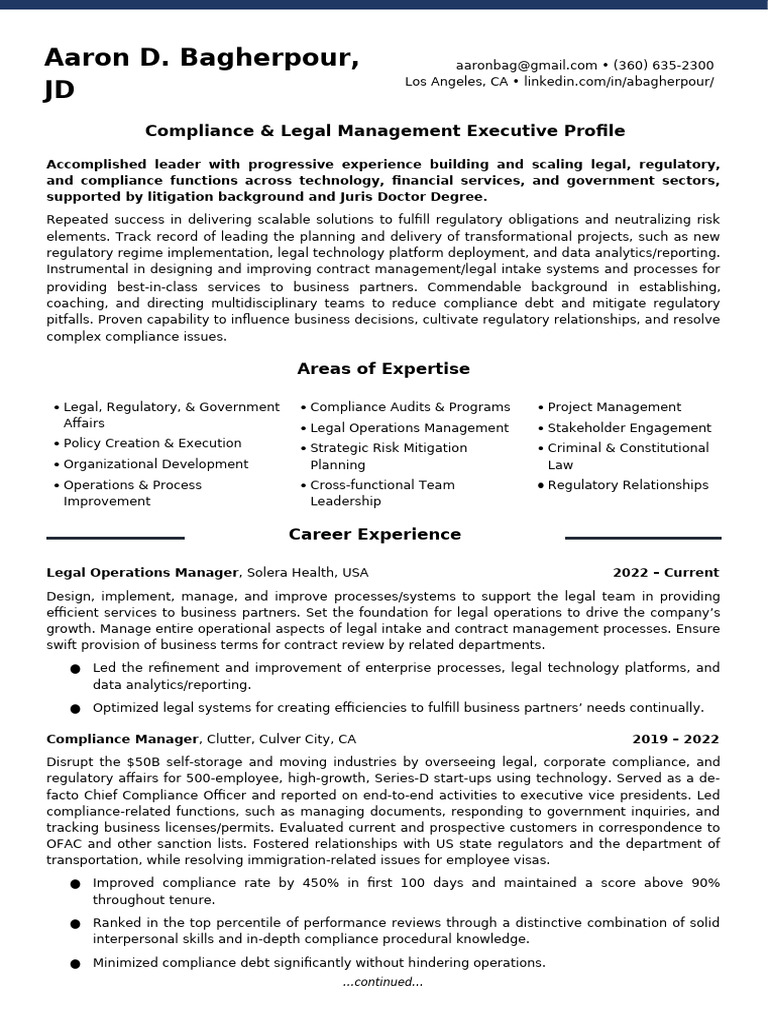 Aaron D. Bagherpour, JD Resume 91) | PDF | Regulatory Compliance | Safety