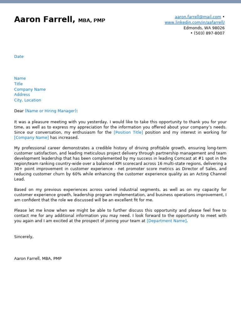 Aaron Farrell, MBA, PMP Thank You Letter | PDF