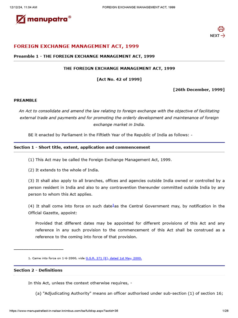 Foreign Exchange Management Act, 1999 | PDF | Banks | Detention ...