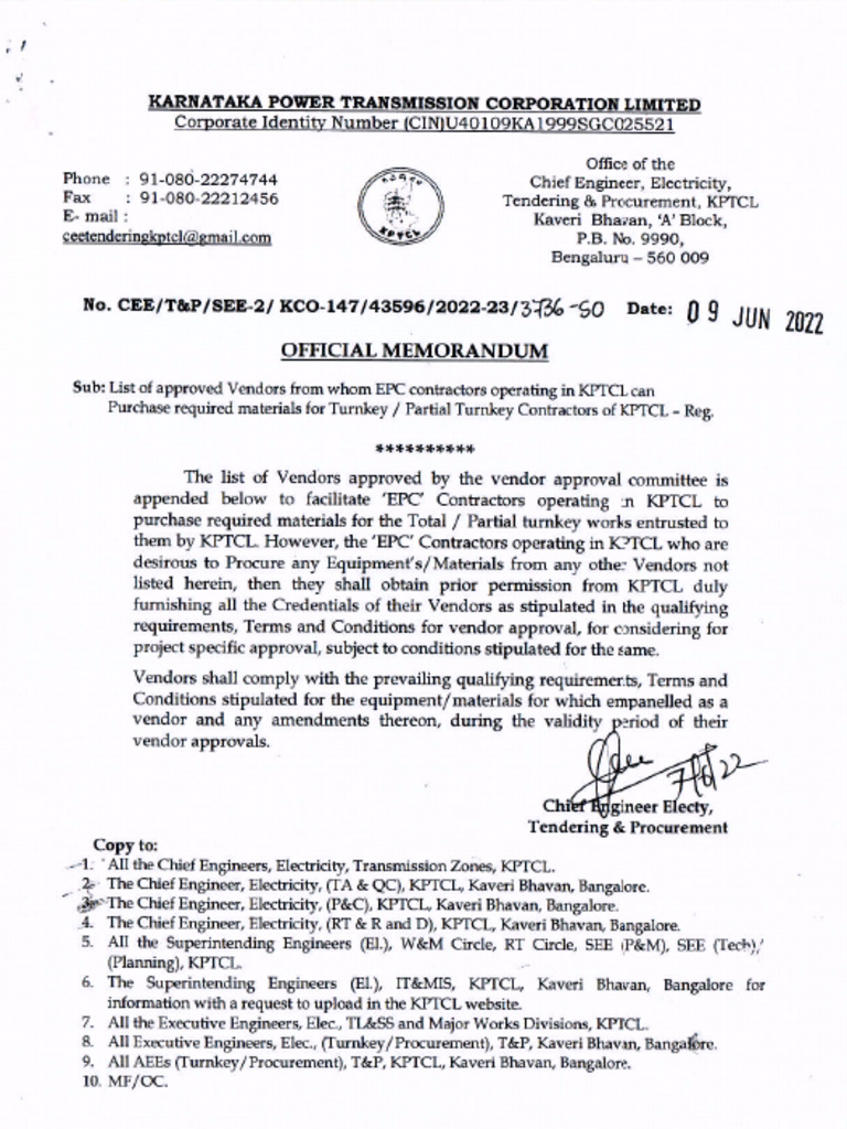 KPTCL List of Approved Vendors 09-06-2022 Eng | PDF