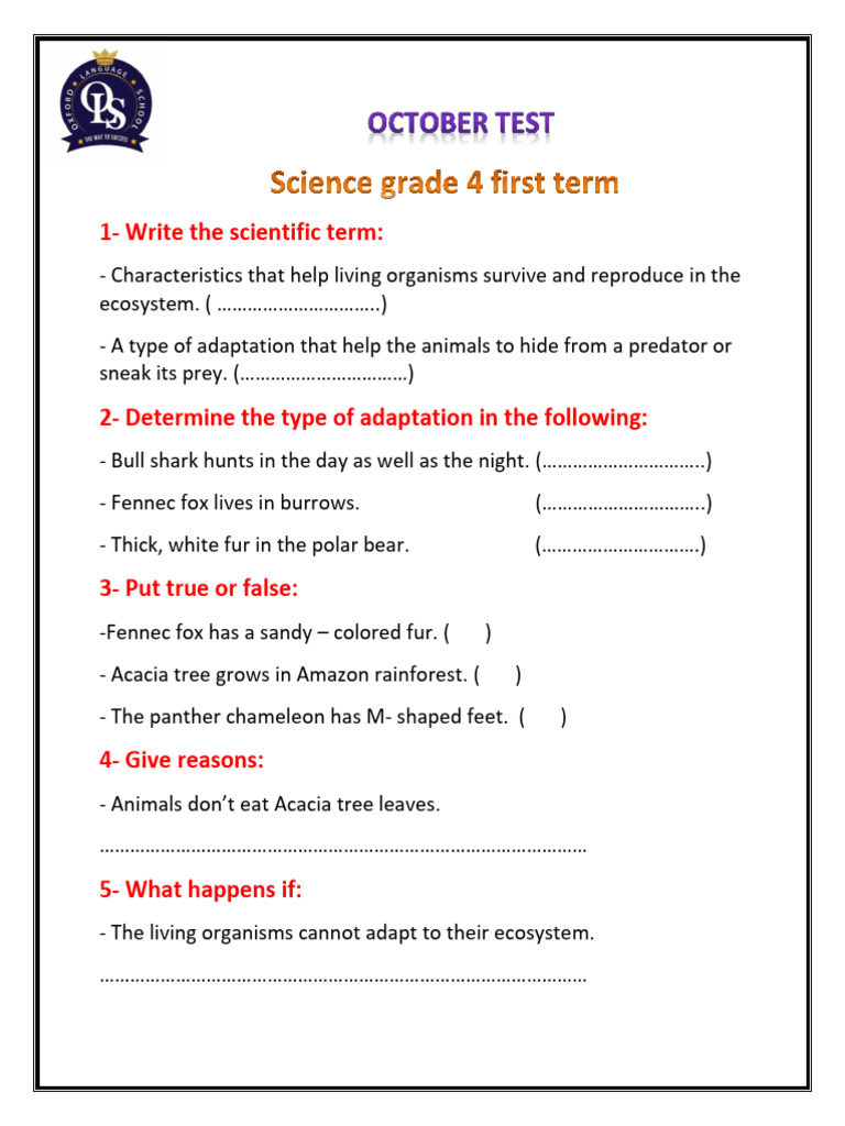 Grade 4 Science Adaptation Quiz | PDF