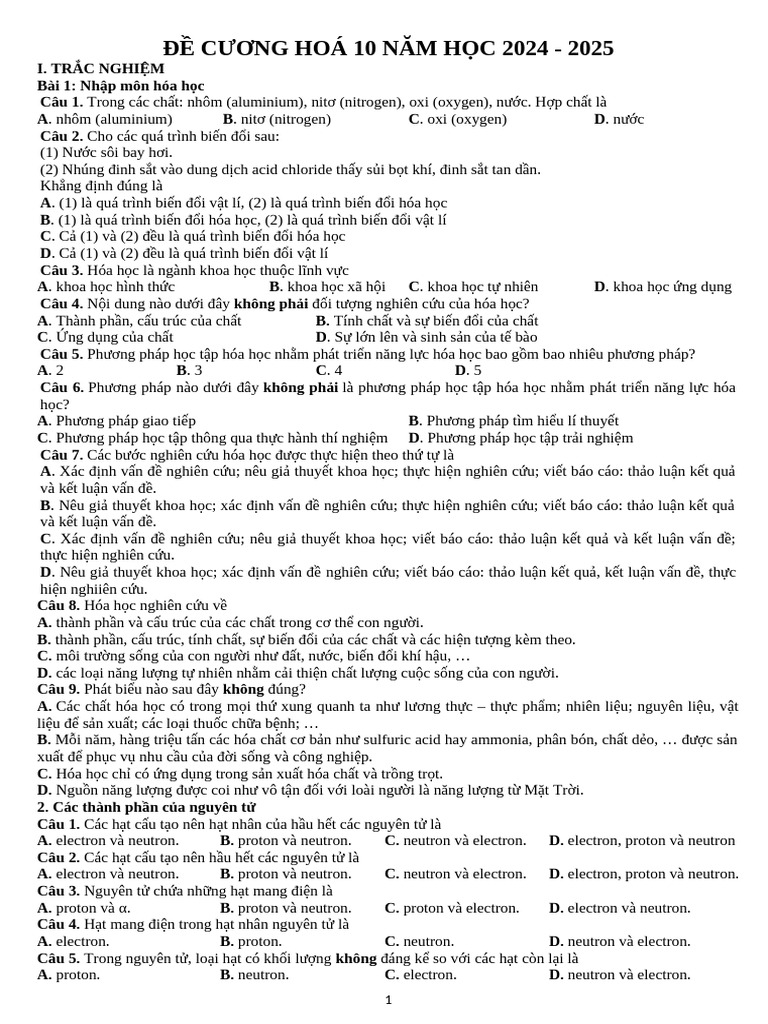 De Cuong Hoa 10 - Cuoi Ki 1 - 2024 - 2025 | PDF