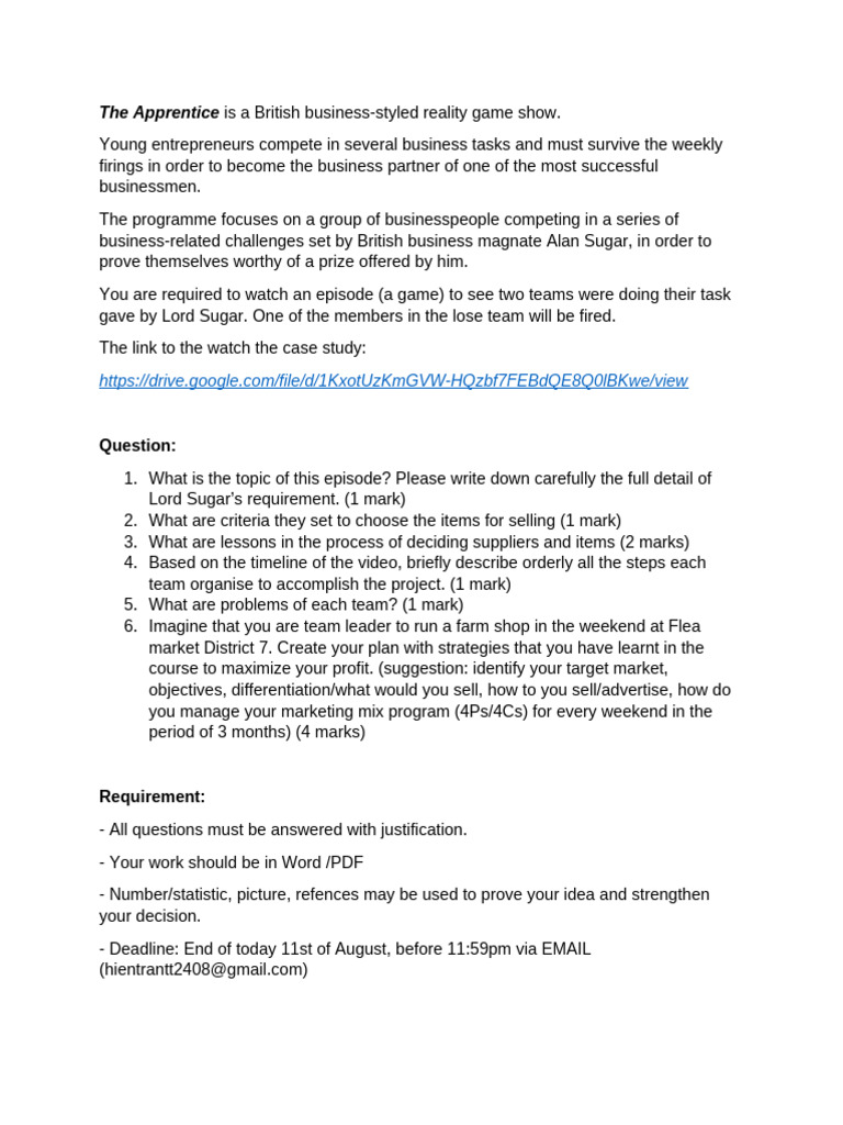Case study The Apprentice_Strategic Marketing_S9E4 | PDF