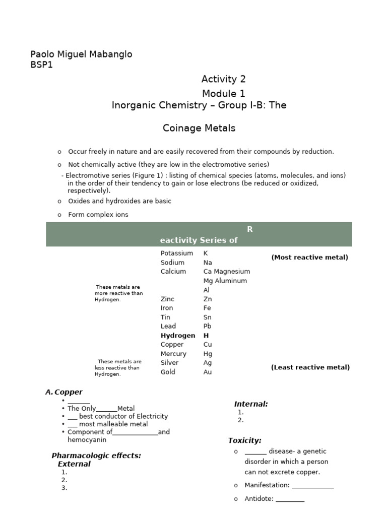 pharma 1 (activity 2) | PDF | Copper | Silver