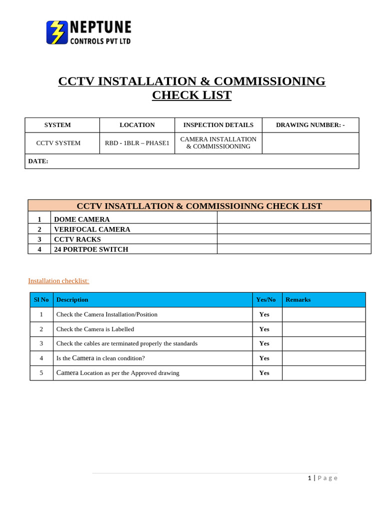 CCTV Installation & Commissioning Checklist | PDF