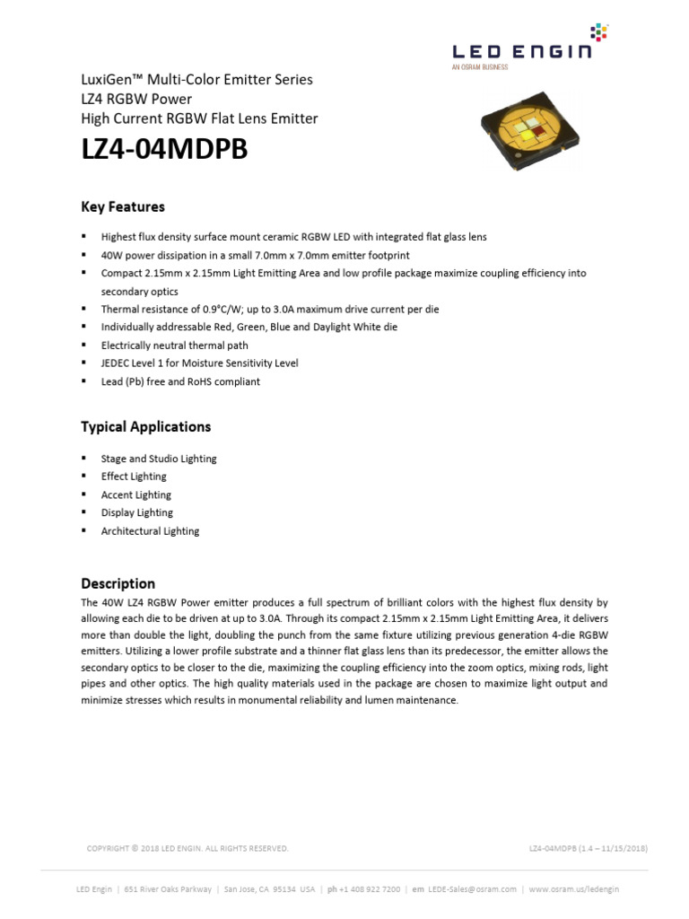 LED Engin Datasheet LuxiGen LZ4-04MDPB Rev1.4 20181115 | PDF | Light ...