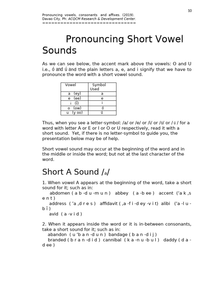 3 10-14 Pronouncing Short Vowel Sounds | PDF | Consonant | Vowel