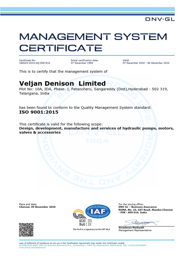 Veljan Denison ISO 9001:2015 Certification | PDF