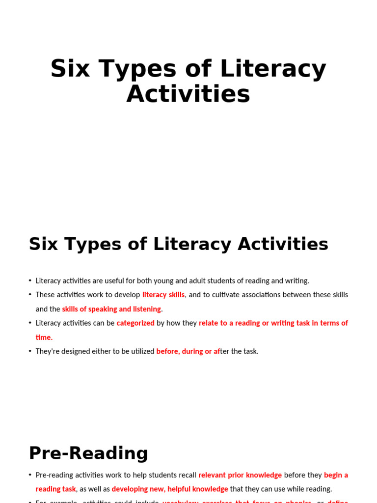 4 Six Types of Literacy Activities | PDF | Literacy | Information