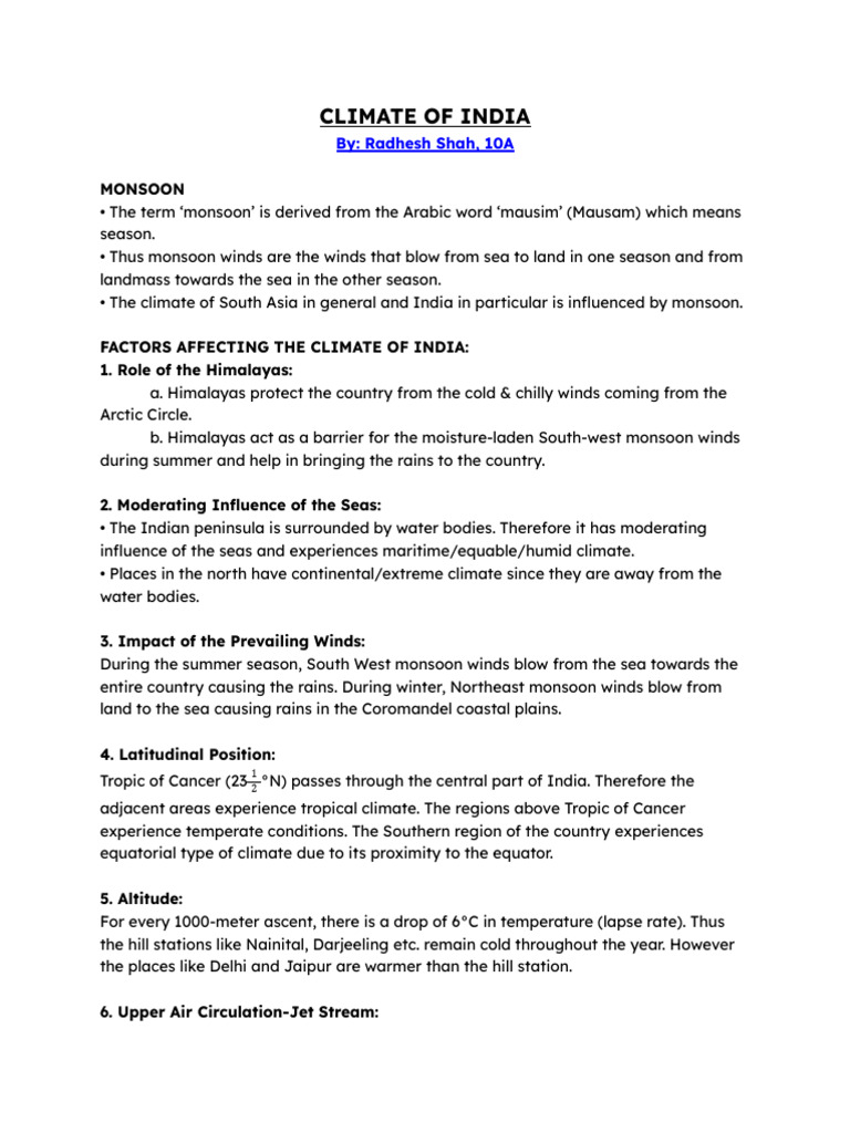 Climate Of India Notes - Radhesh | PDF | Monsoon | Rain