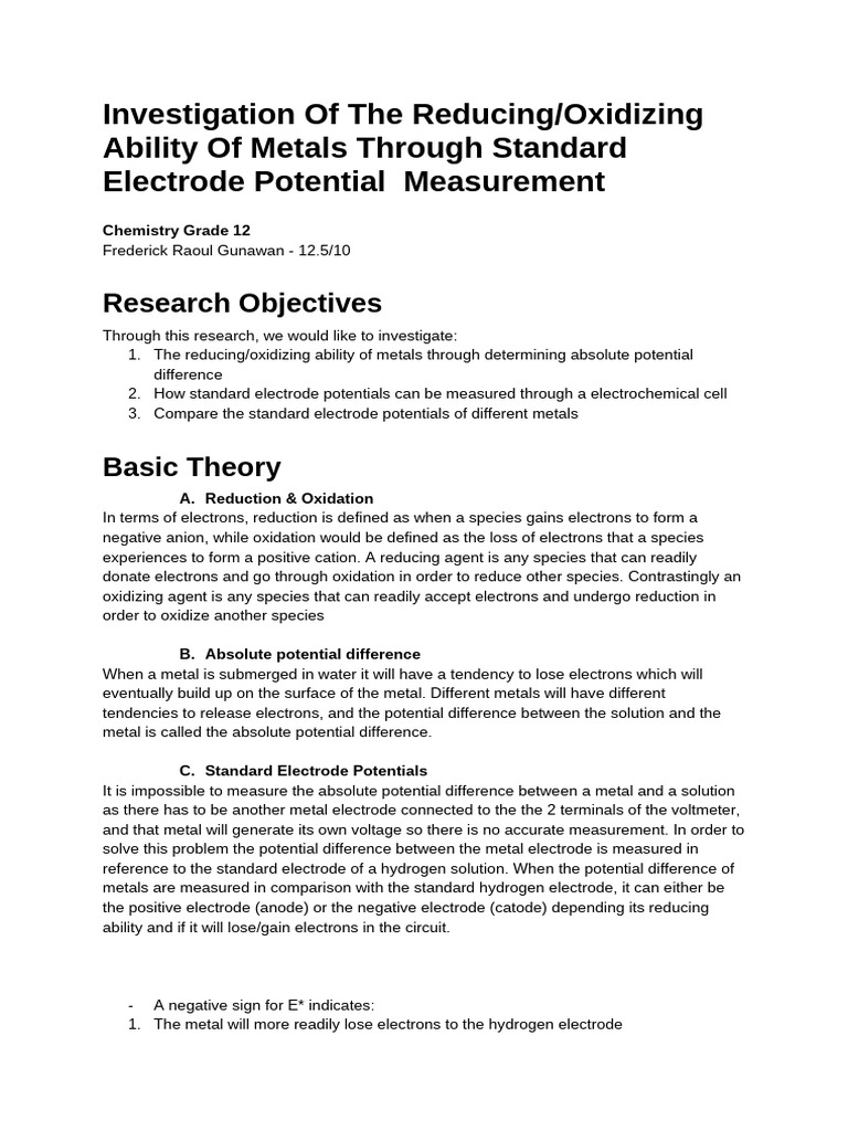 Chemistry Report Grade 11 Investigation of The Reducing/Oxidizing ...
