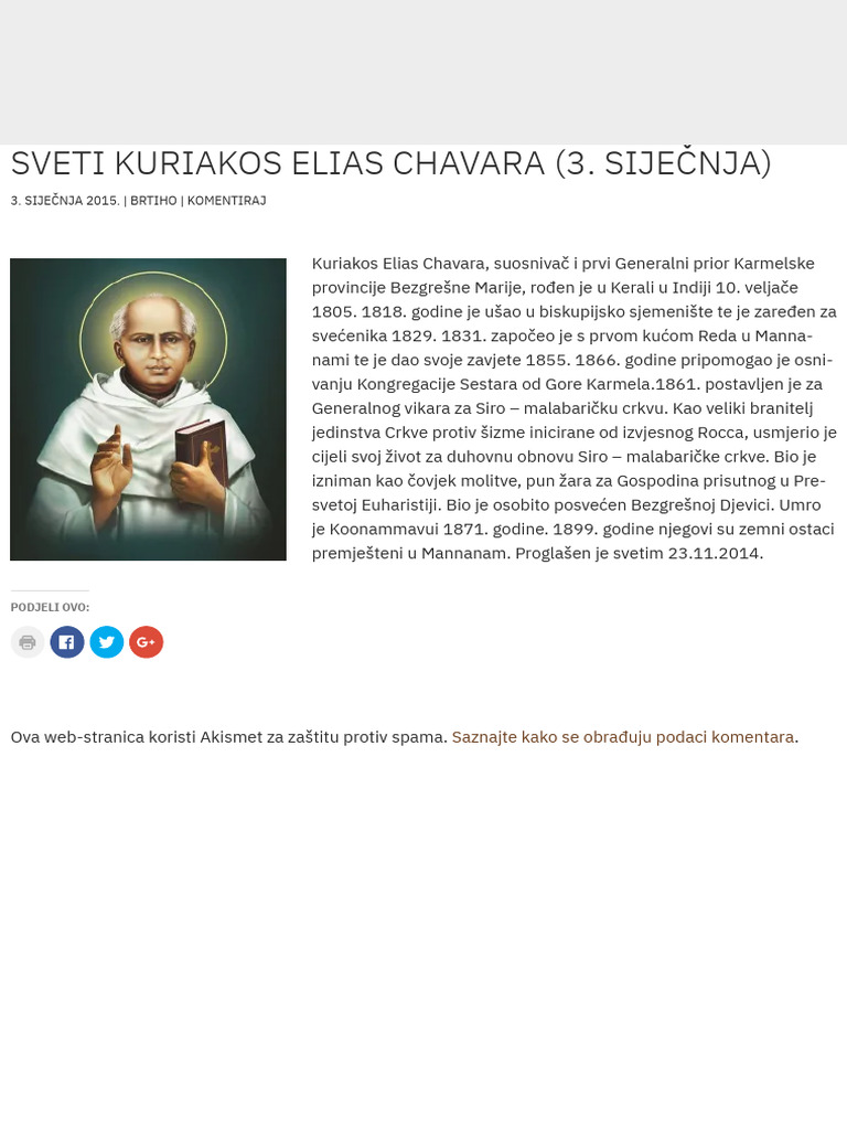 Sveti Kuriakos Elias Chavara (3. Siječnja) | PDF