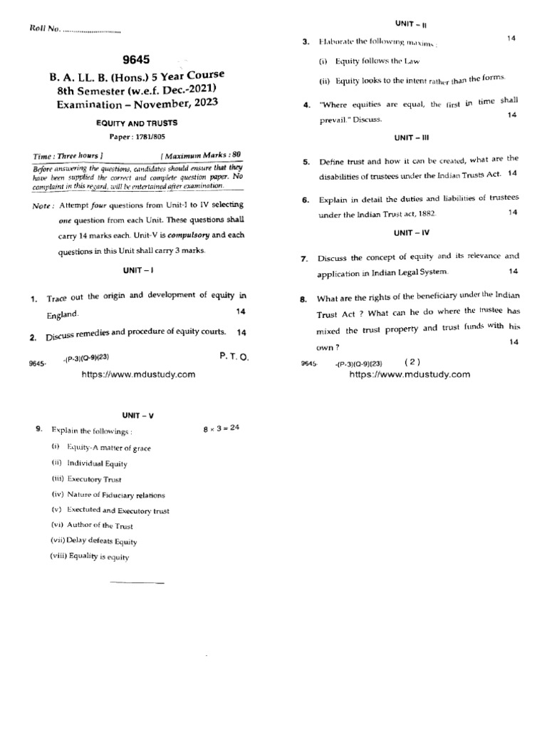 Ballb 8 Sem Equity and Trusts 9645 Nov 2023 | PDF