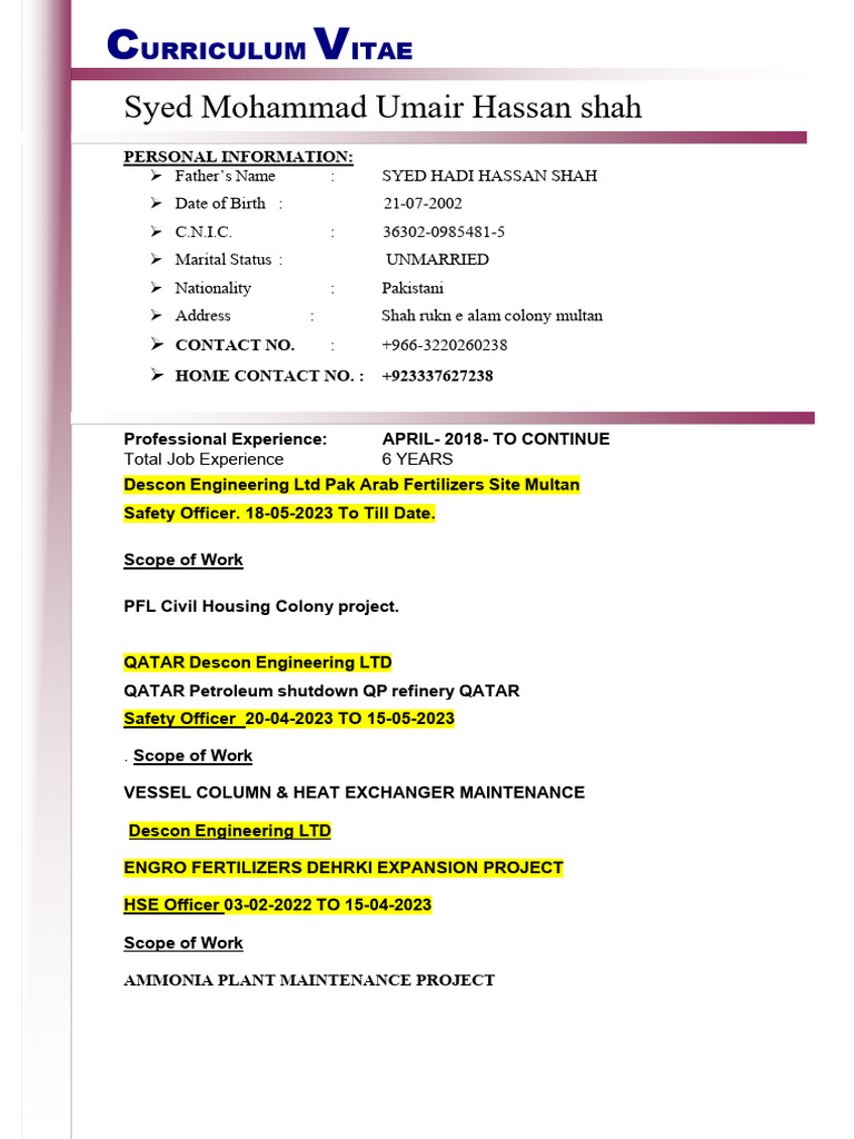 Umair Hassan Updated HSE Officer CV | PDF