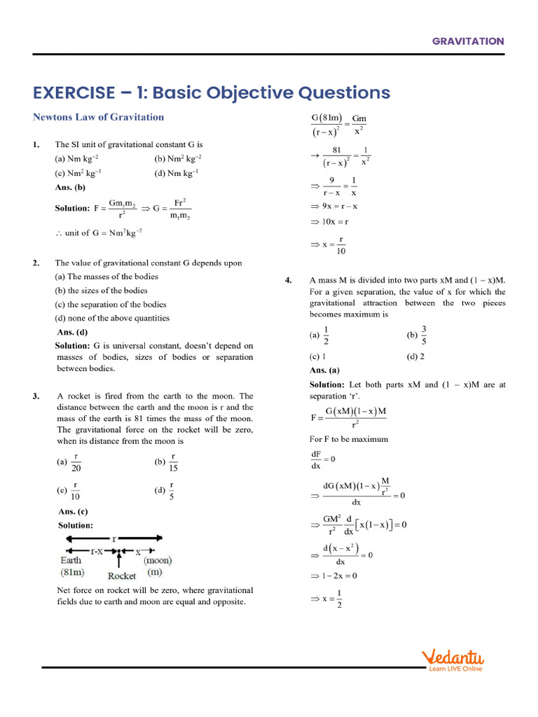 Gravitation Exercise - 1 Solutions | PDF