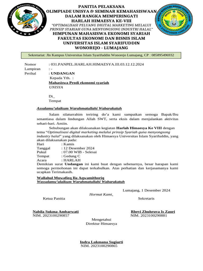 Surat Undangan Harlah Mhs Es | PDF