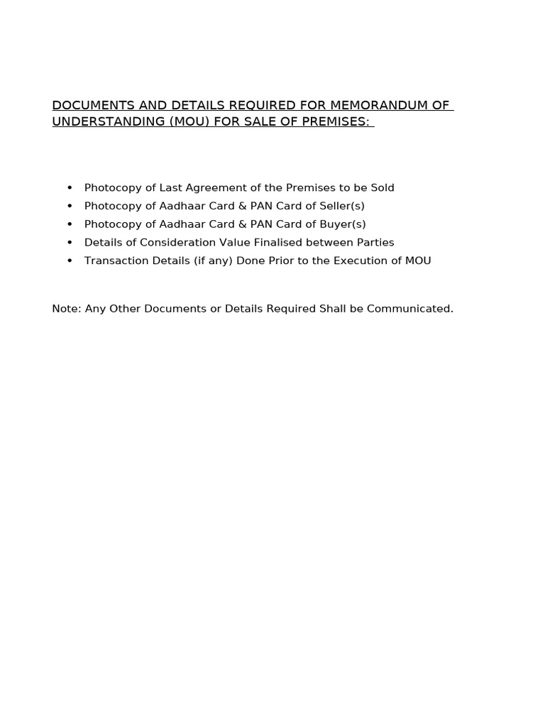 MOU Sale Premises Document Checklist | PDF