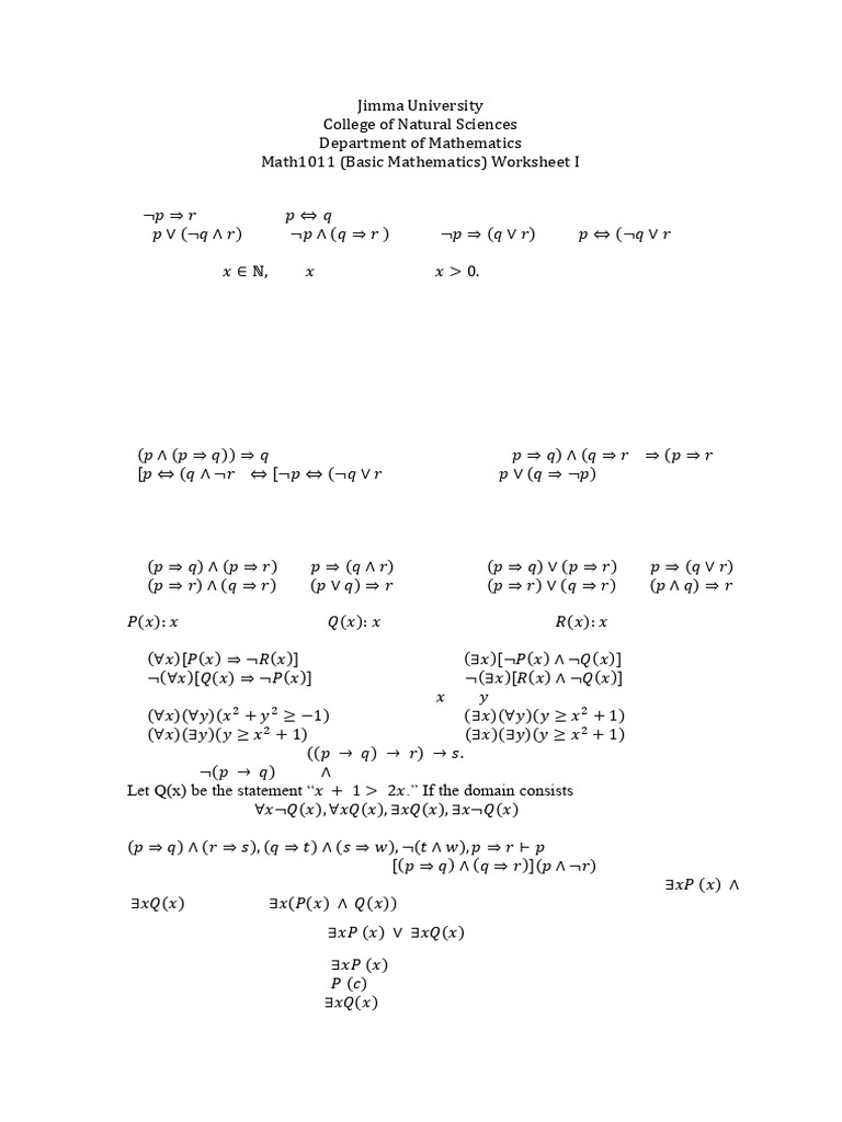Freshman Mathematics Work sheet | PDF | Argument | Syntax (Logic)