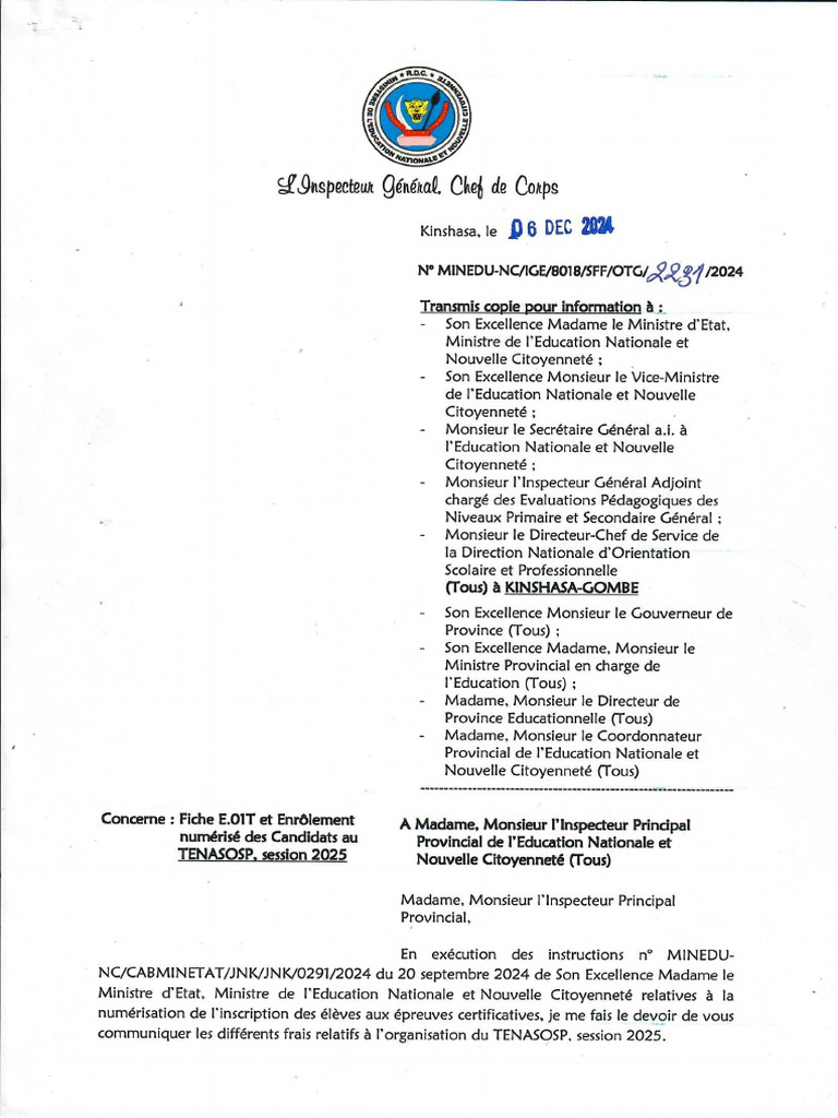 Fiche E01 Et Enrôlement Numérisé Des Candidats Au TENASOSP - 2025 | PDF
