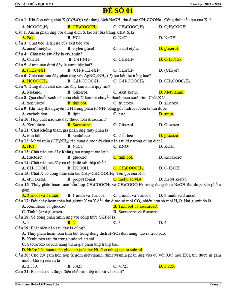 ÔN TẬP GIỮA HK1 - HÓA 12 -KEY | PDF