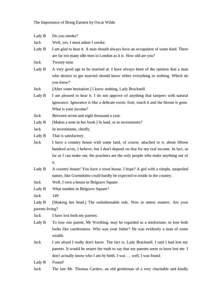 B1.3 The Importance of Beeing Earnest by Oscar Wilde | PDF | The ...