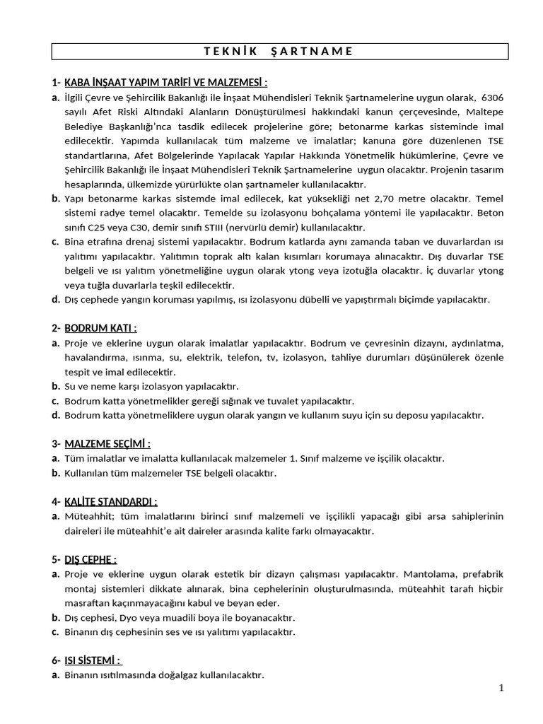 Akpinar Mah - Tekni̇k - Şartname | PDF